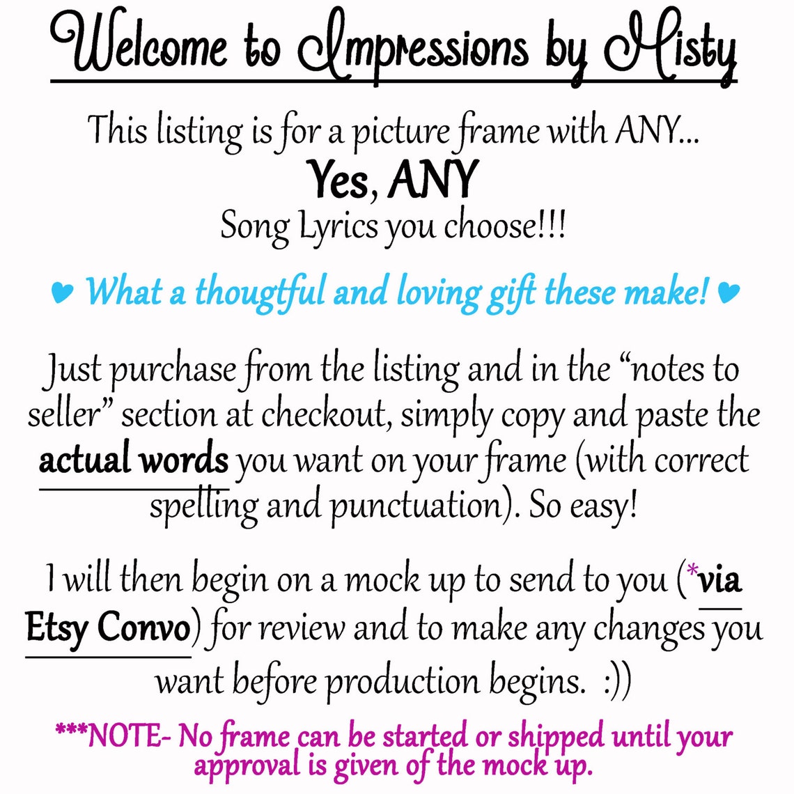 Picture Frame With Any Song Lyrics Personalized Gift Wedding | Etsy