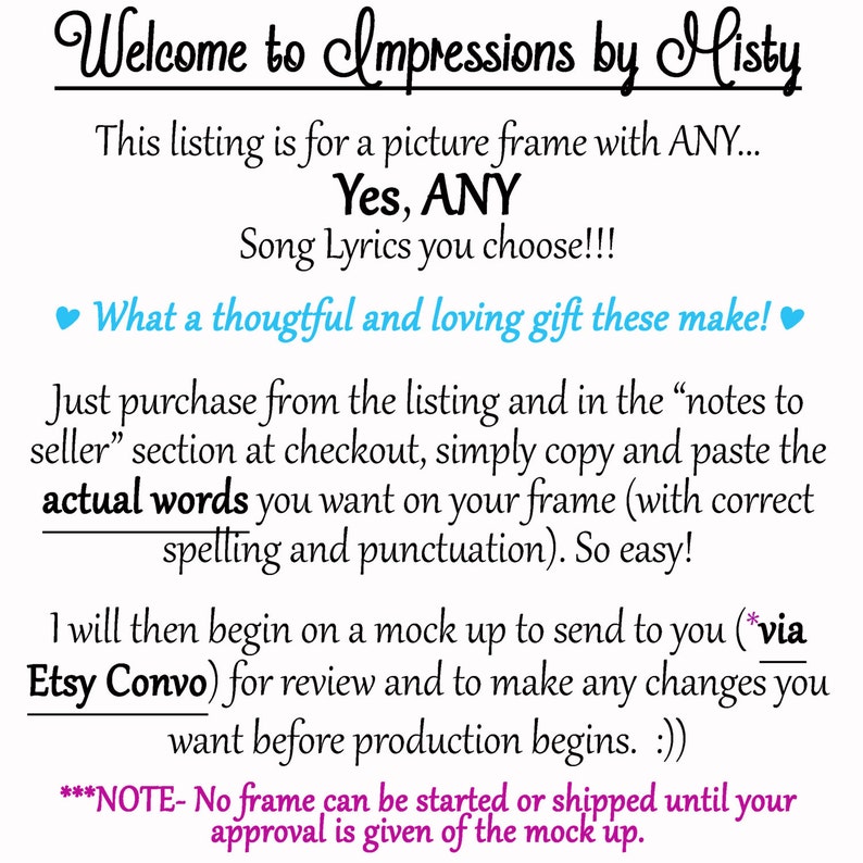 ANY Song Lyrics Picture Frame Custom Gift Personalized Gift | Etsy