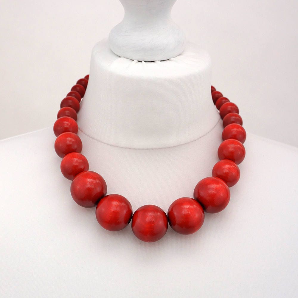 Red Wooden Bead Necklace Chunky Red Necklace Red Beaded Etsy