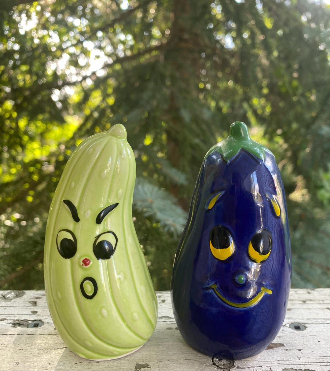Anthropomorphic Angry Pickle and Happy Eggplant Salt and Pepper Shakers ...