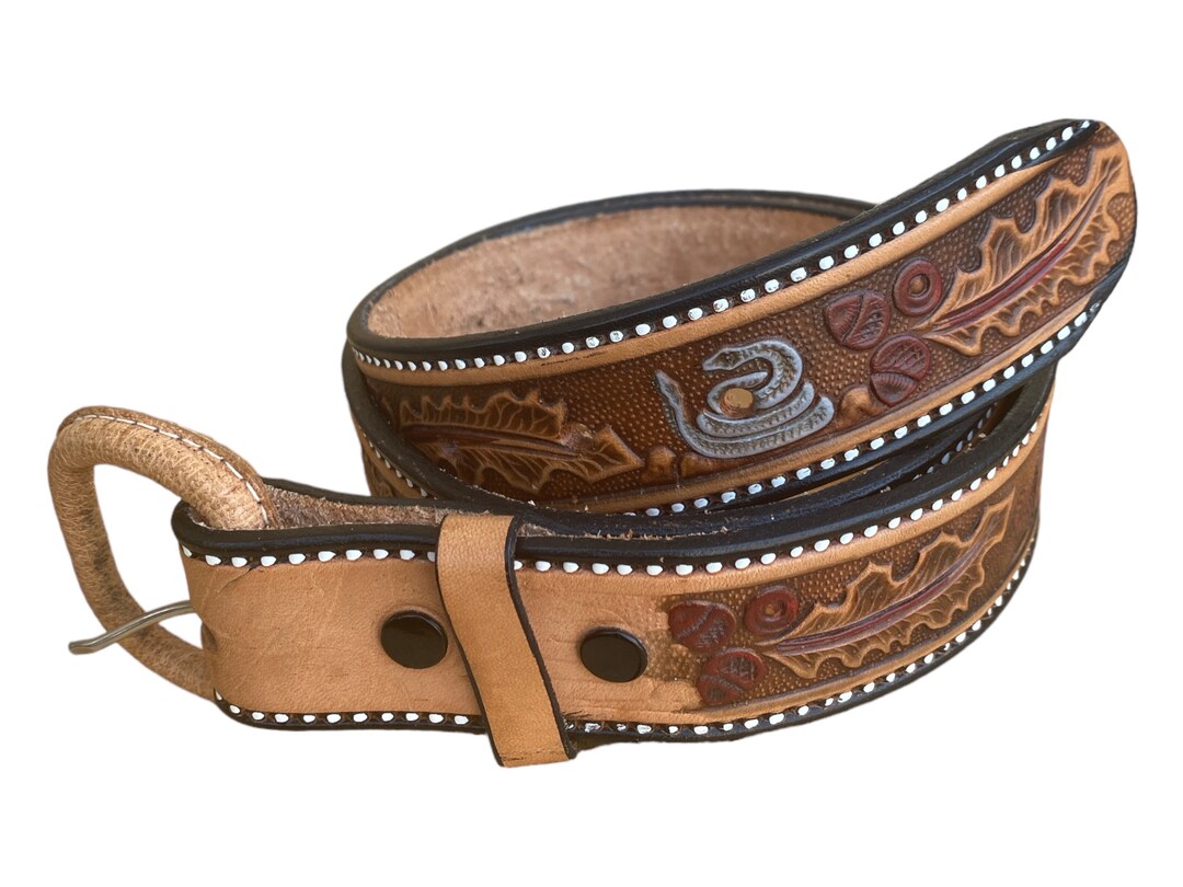 Hand Tooled Leather Belt Made in Mexico, Acorn, Snake, Leaf and ...