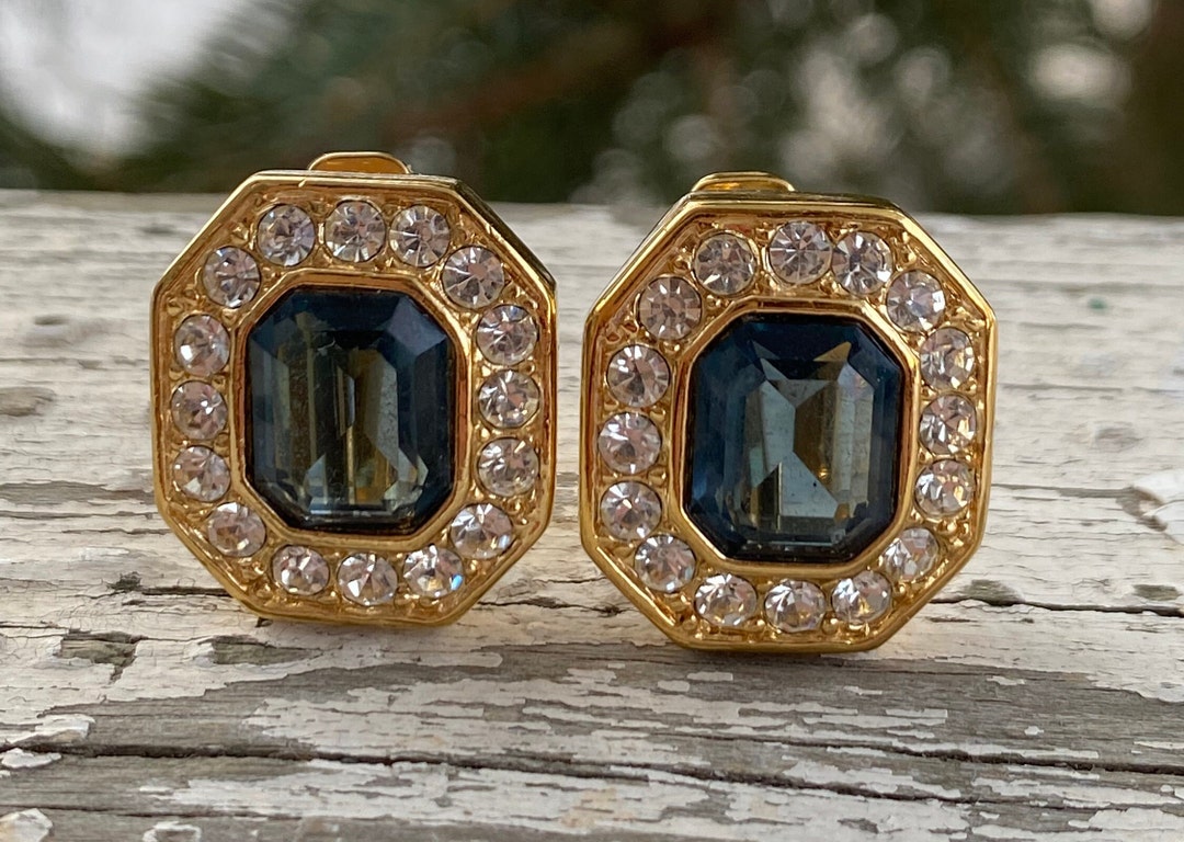 D'orlan Grey Blue Glass Rectangular Cut Earrings With Clear Rhinestones ...