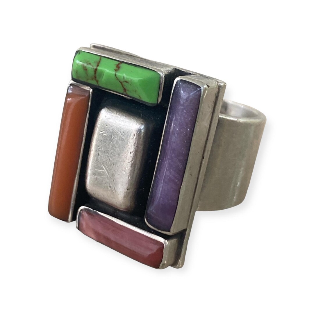 Mexico 925 Chunky Modernist Geometric Ring With Multi Coloured Bezel ...