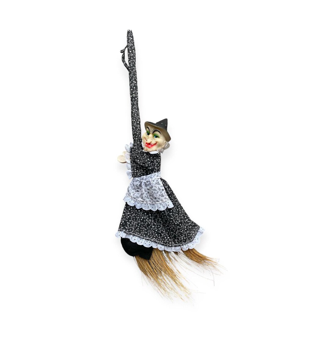 Handmade Hanging Kitchen Witch on Broom Vintage Halloween Craft Rubber ...