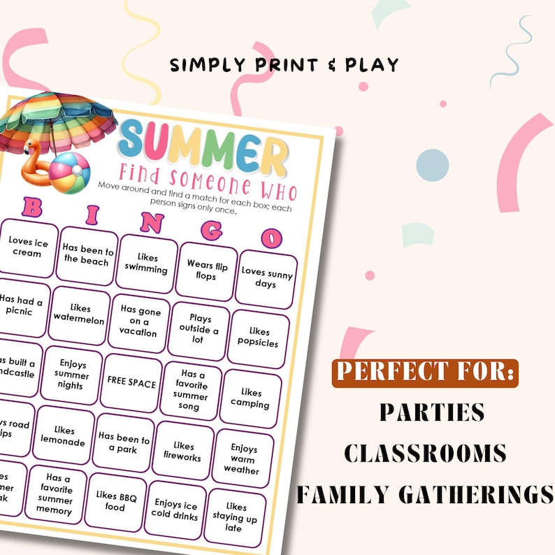 Summer Find Someone Who Game for Kids- Human Bingo Icebreaker for ...