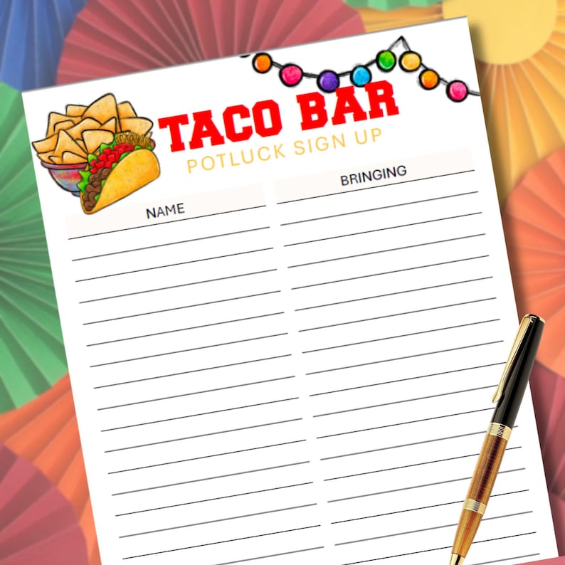 Taco Bar Potluck Sign up Sheet | Printable Mexican Fiesta Party Planner ...