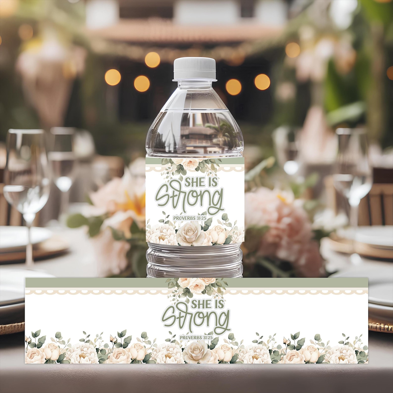 Inspirational Water Bottle Wrap Label, She is Strong Proverbs 31:25 ...