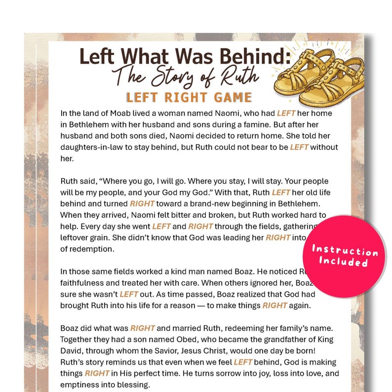 Ruth Bible Study Game for Women’s Ministry, Left Right Story Pass the ...
