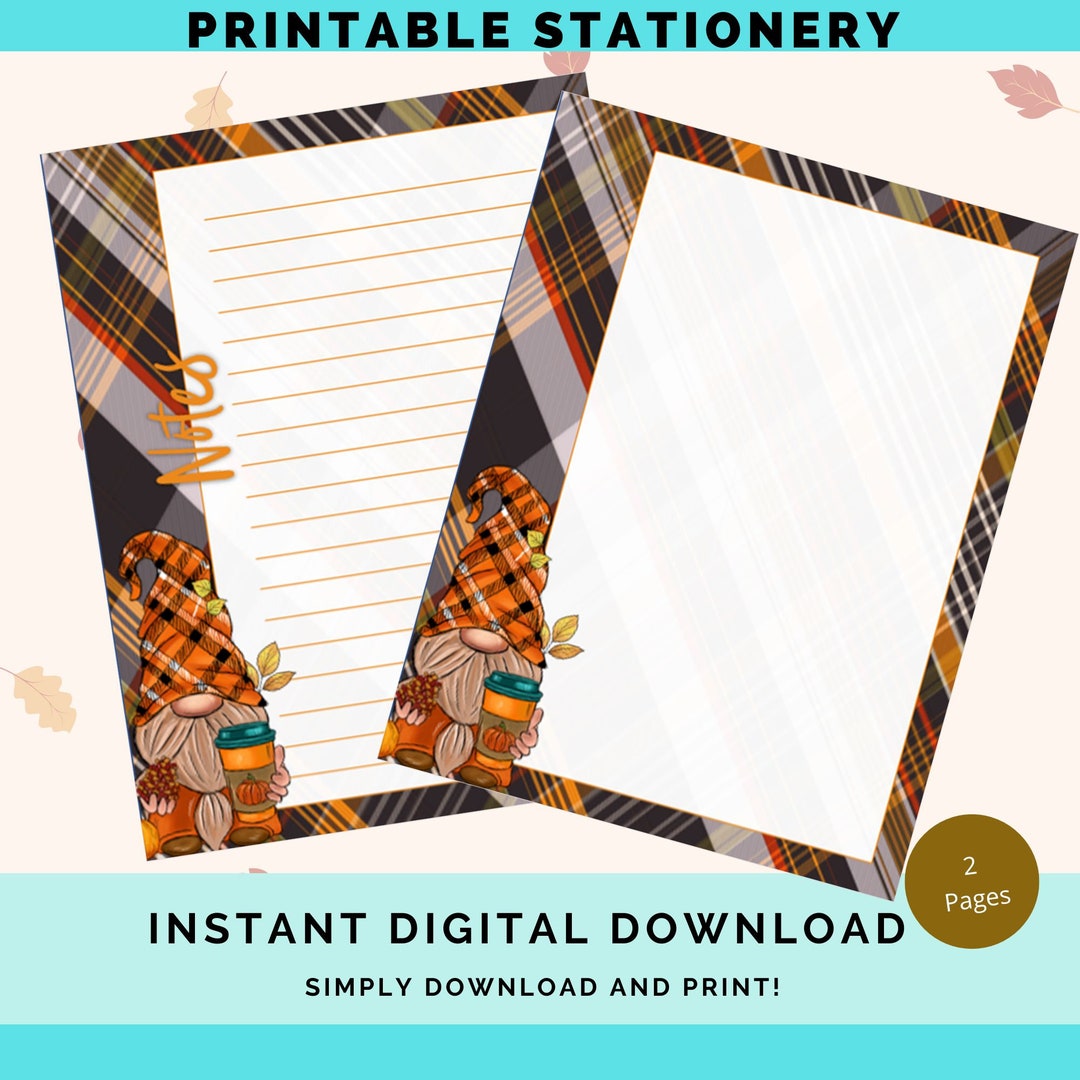 Autumn Gnome Writing Paper, Printable Stationery Set, Digital Notebook ...