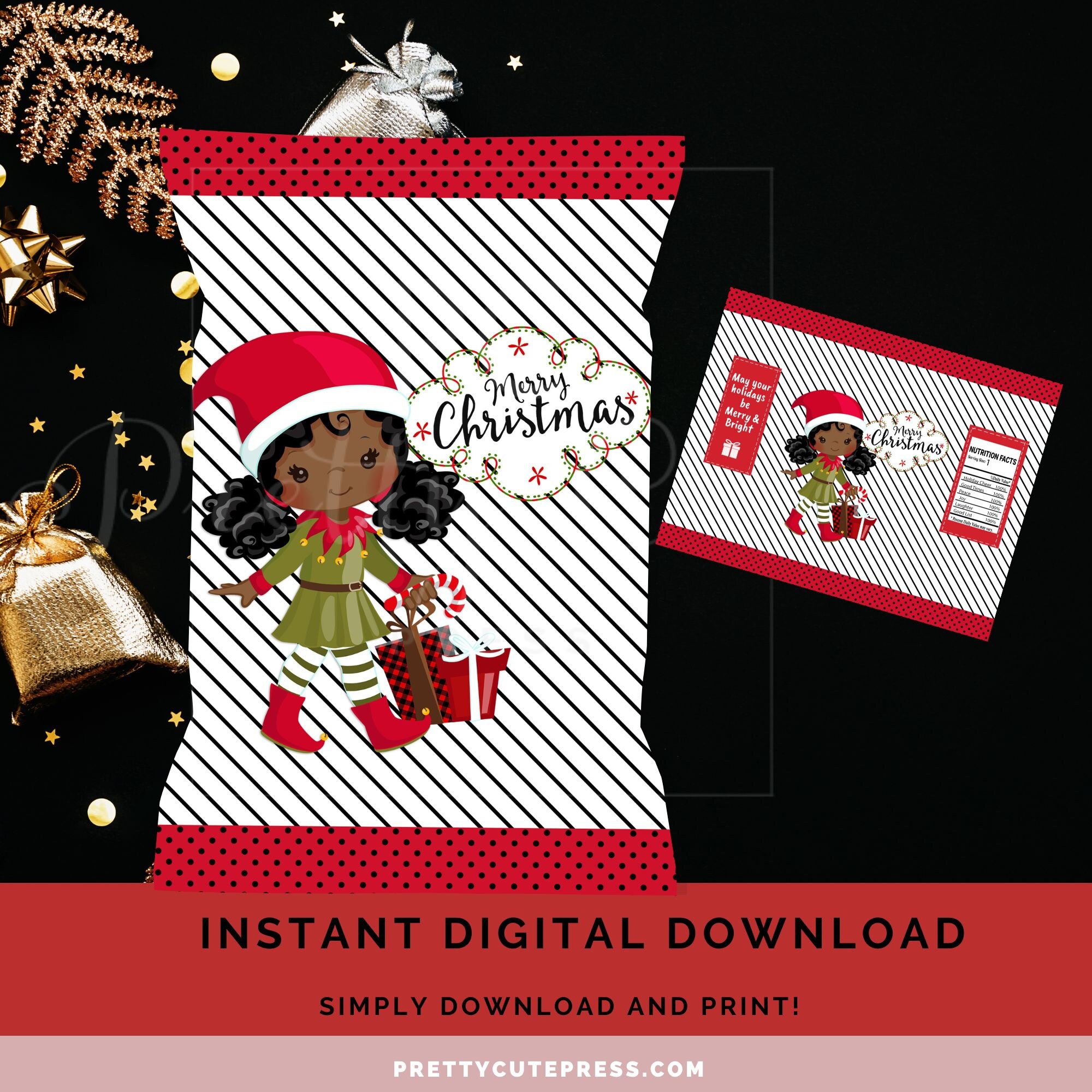Black Christmas Elf Chip Bag Template, Printable Holiday Treat Wrapper ...