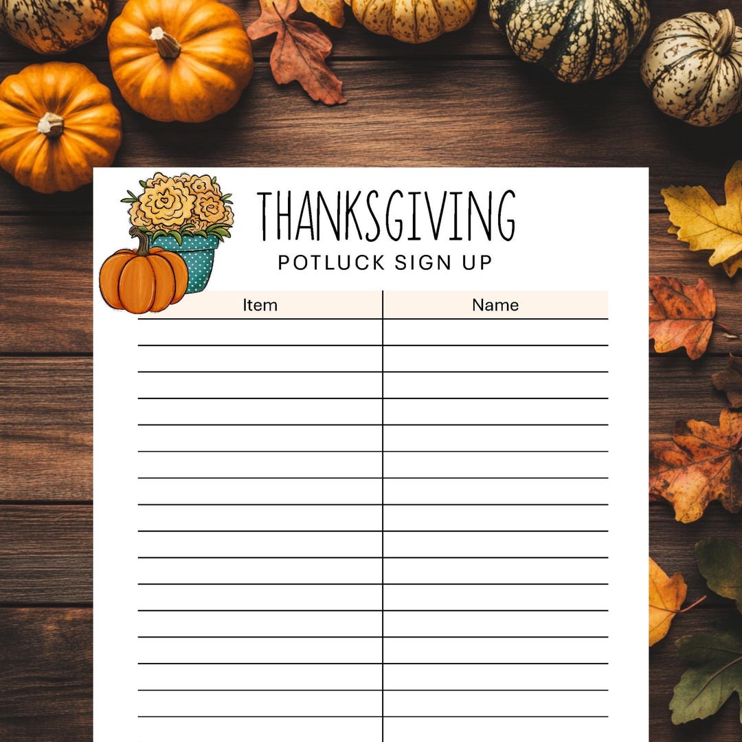 Thanksgiving Potluck Sign up Sheet - Organize Your Fall Office or ...