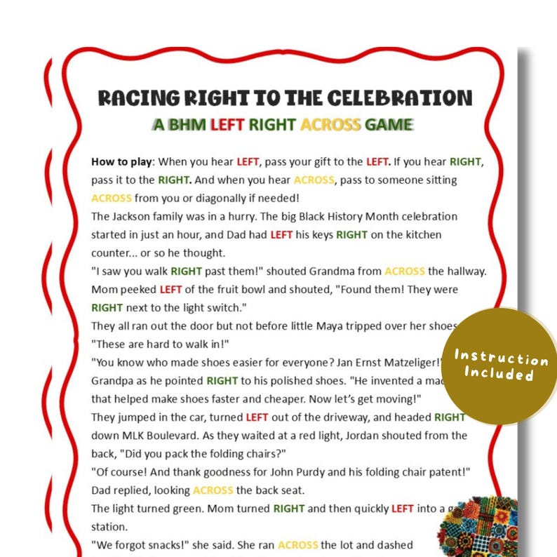 Black History Month Left Right Across Game, BHM Pass the Gift Story ...
