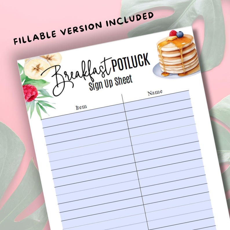 Breakfast Potluck Sign-up Sheet – Printable & Fillable PDF for School ...