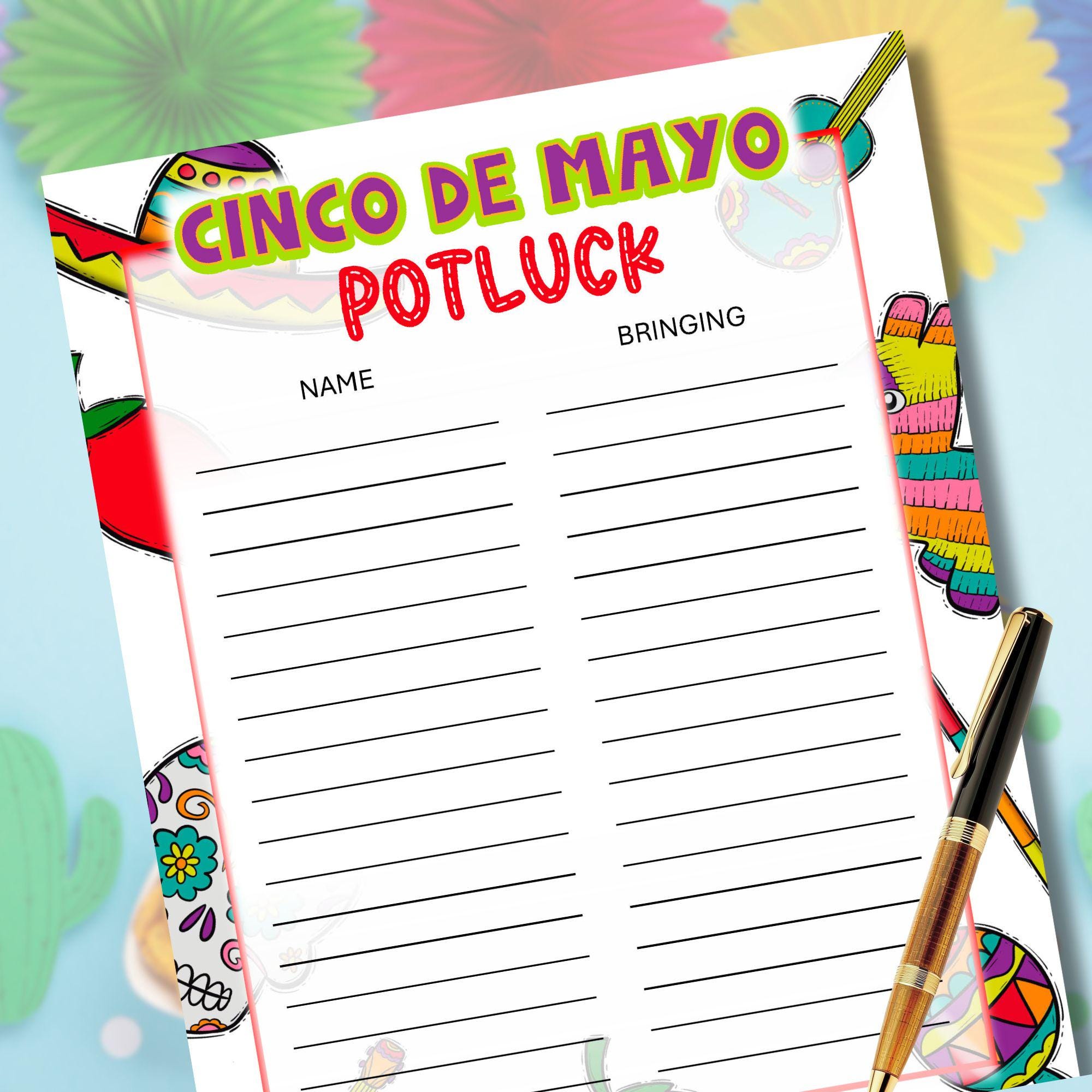 Cinco De Mayo Potluck Sign up Form | Mexican Fiesta Party Printable PDF ...
