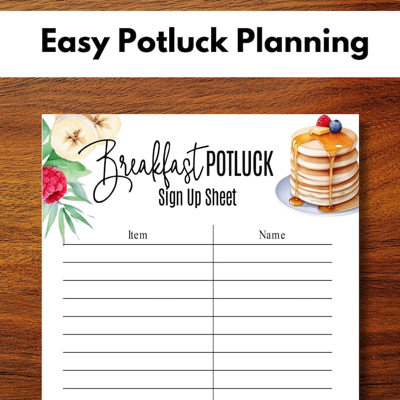 Breakfast Potluck Sign-up Sheet – Printable & Fillable PDF for School, Church, Office Brunch ...