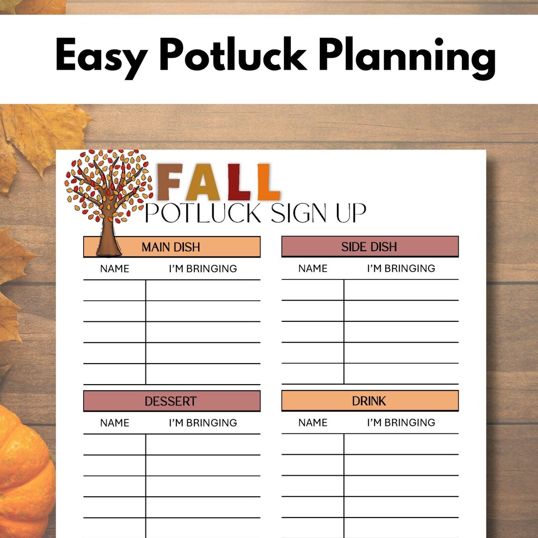Fall Potluck Sign-up Sheet, Printable & Fillable Autumn Potluck Planner ...