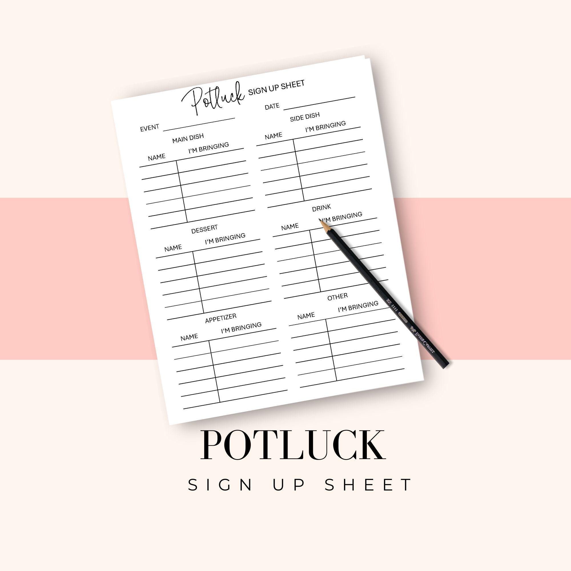 Potluck Party Essential Food List Category Sign up Sheet for Main ...