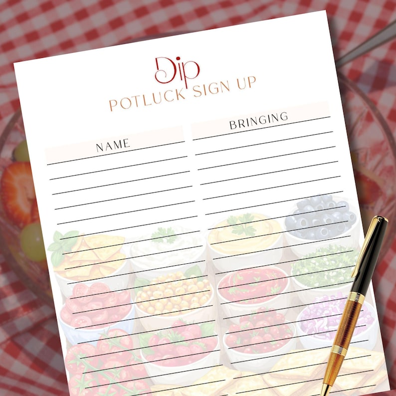 Potluck Sign up Sheet for Dip Parties | Printable & Fillable Food ...