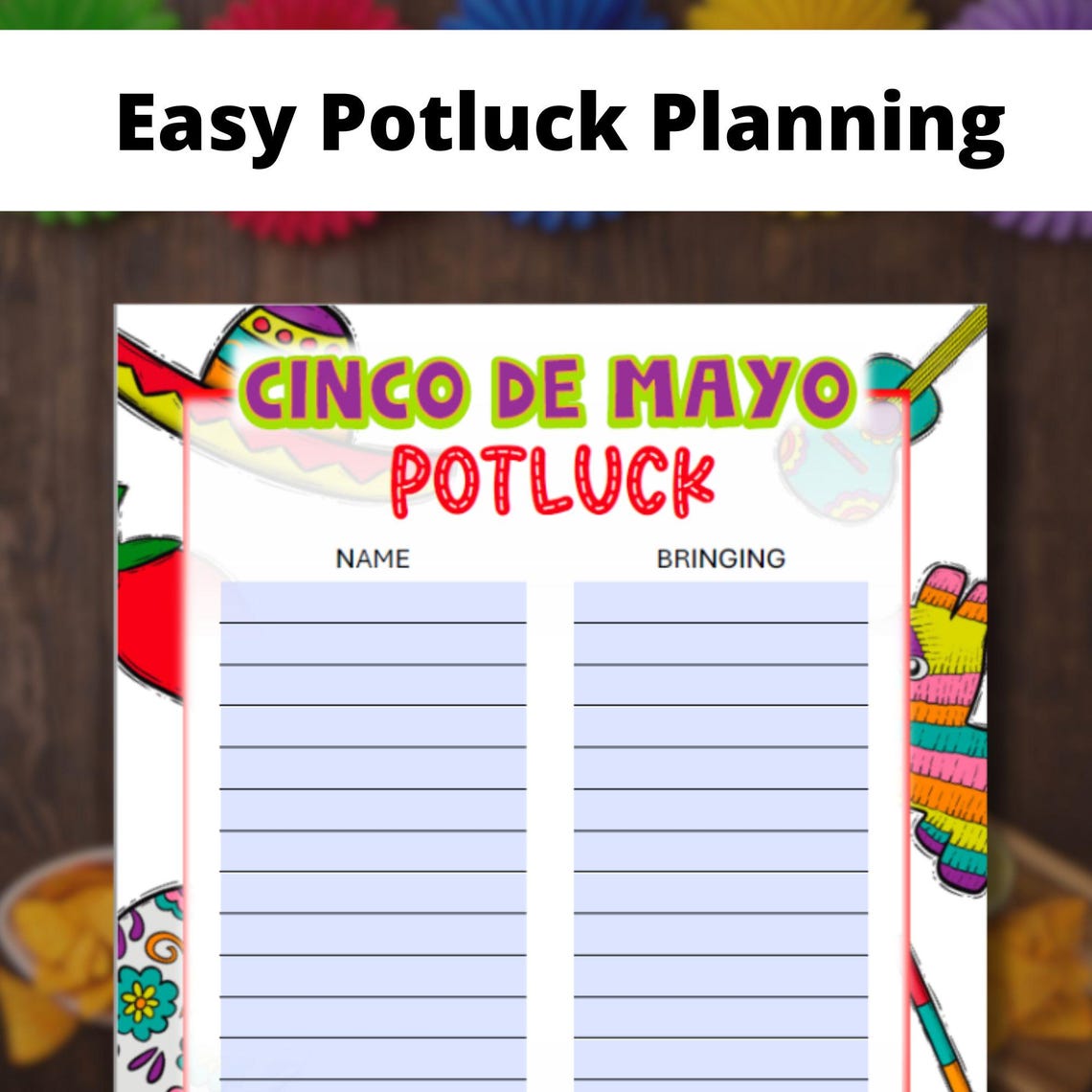 Cinco De Mayo Potluck Sign up Form | Mexican Fiesta Party Printable PDF ...