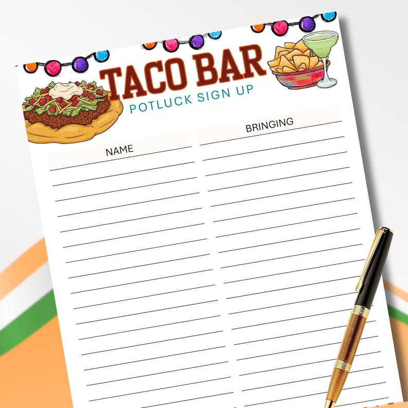Navajo Taco Bar Potluck Sign up Sheet | Mexican Fiesta Party Planning ...