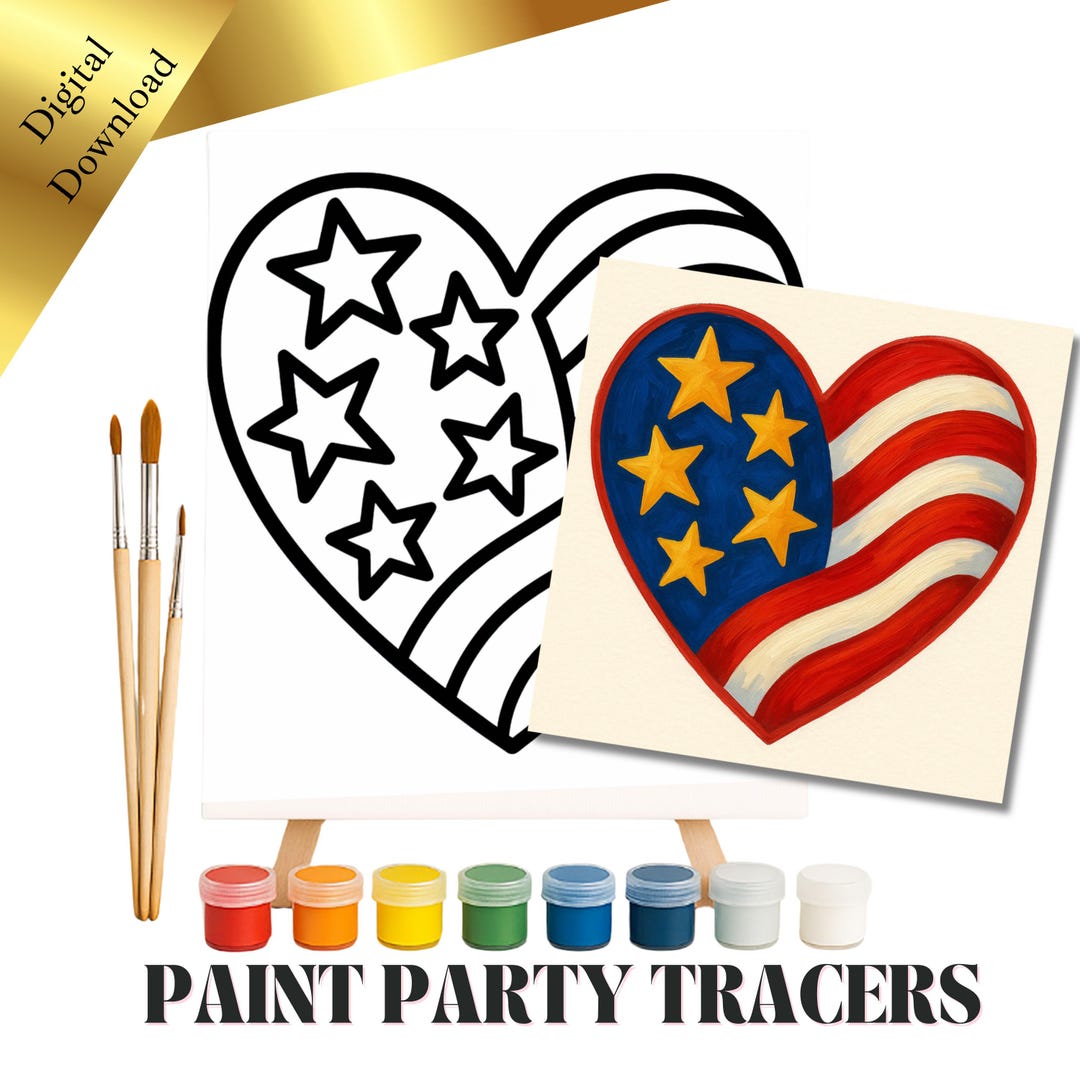 Paint Party Printable DIY Patriotic Heart Painting Tracer, 4th of July ...