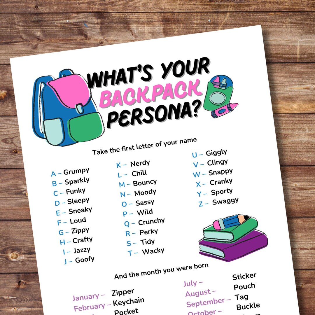 Back to School Icebreaker Game – What’s Your Backpack Persona Name Game ...