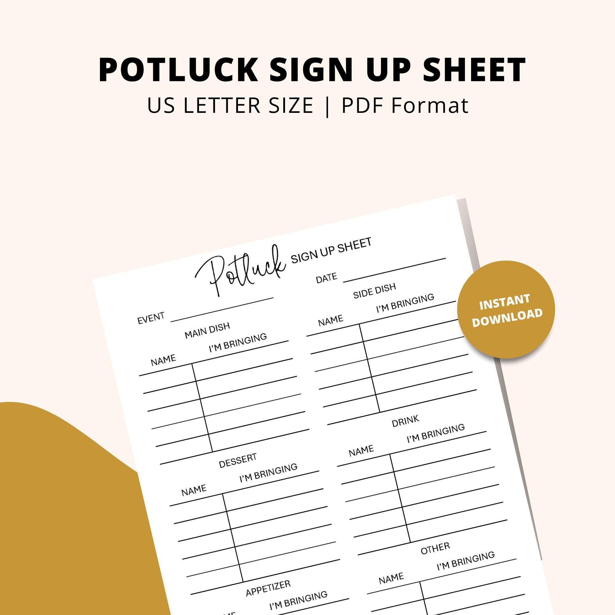 Potluck Party Essential Food List Category Sign up Sheet for Main ...