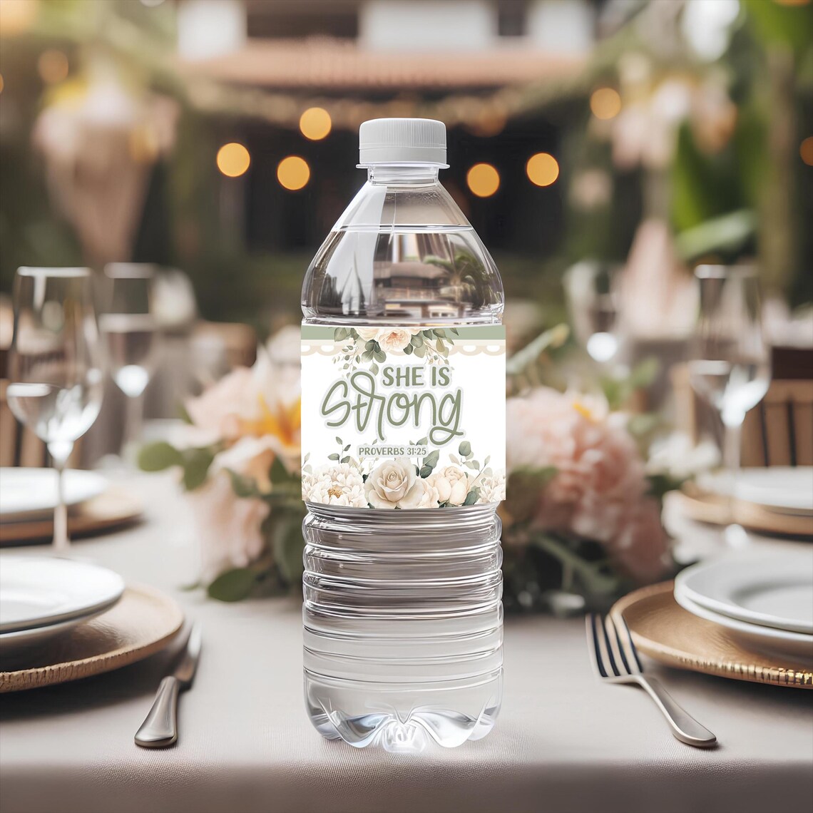 Inspirational Water Bottle Wrap Label, She is Strong Proverbs 31:25 ...