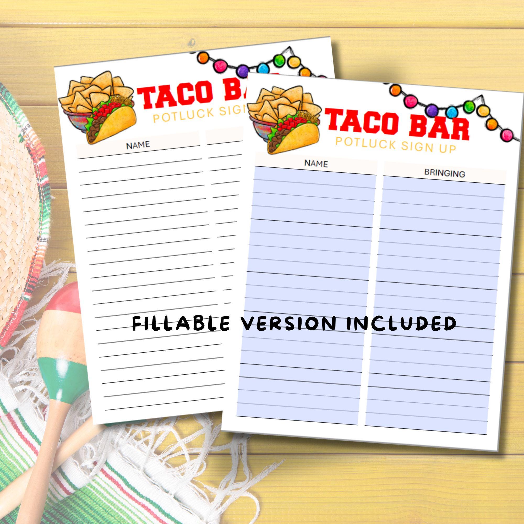 Taco Bar Potluck Sign up Sheet | Printable Mexican Fiesta Party Planner ...