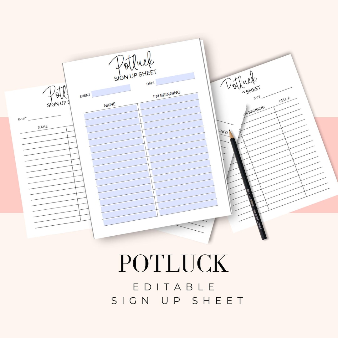 Potluck Sign up Sheet Editable Printable for Office Parties, Church ...