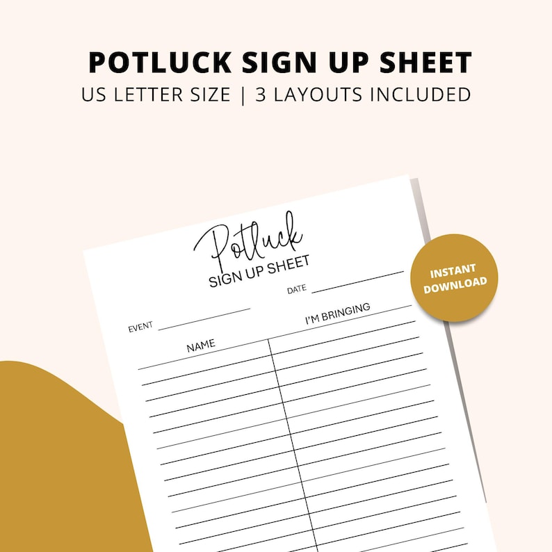 Potluck Sign up Sheet Printable Perfect for Office Parties, Church ...