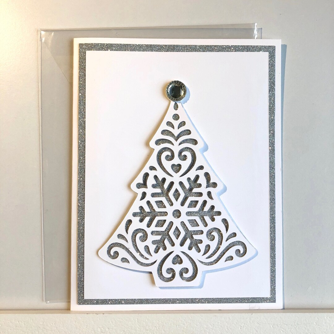 Handmade Christmas Card | Silver Glitter Tree, Gem Topper - Etsy