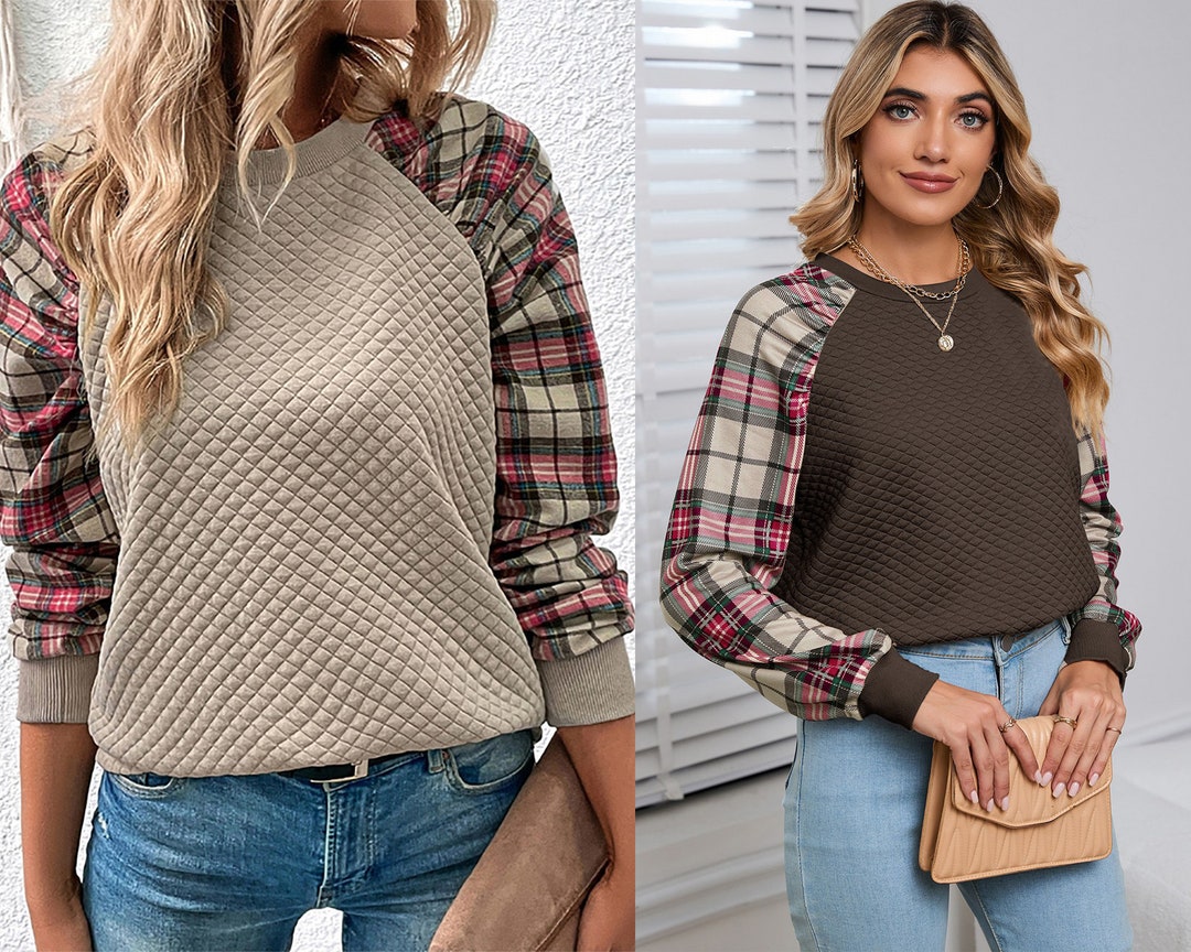 Fall Plaid Waffle Quilted Coco Beige Raglan Sweatshirt - Etsy
