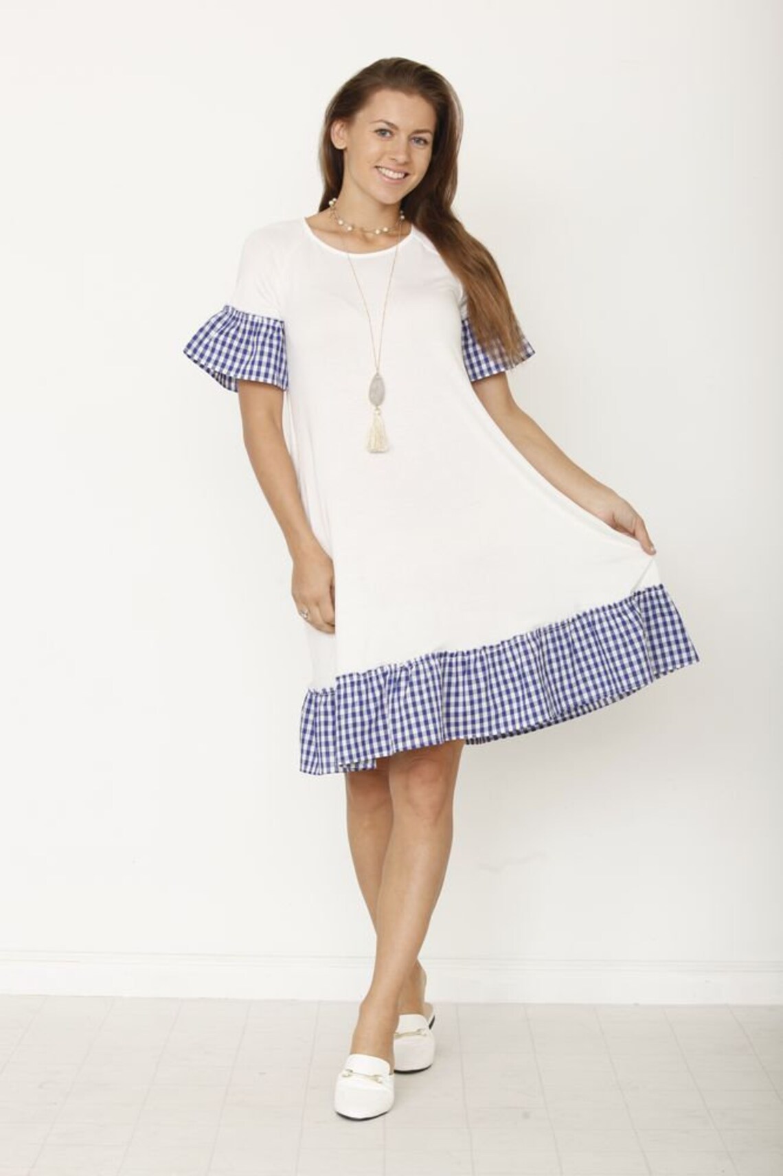 Gingham Ruffle Swing Dress Solid Stripe 4 Colors S to - Etsy