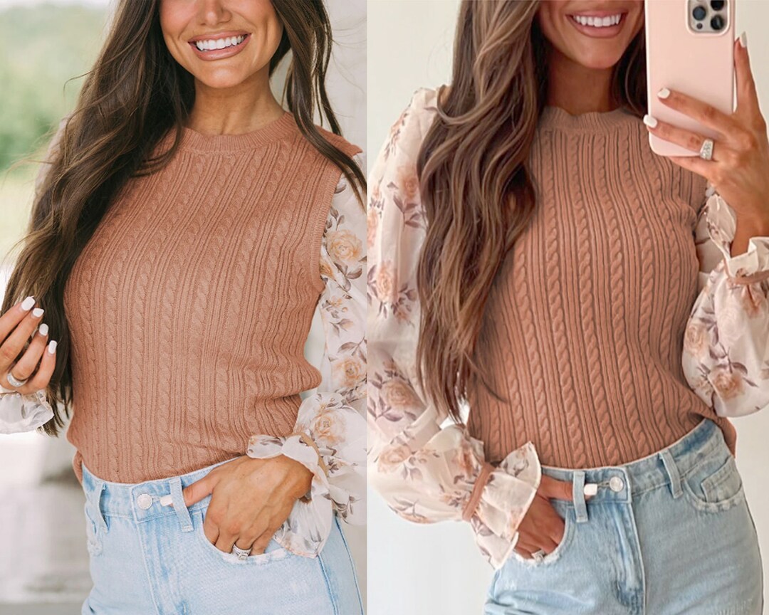 Floral Patchwork Ruffled Cuff Sleeve Cable Knit Sweater Top - Etsy