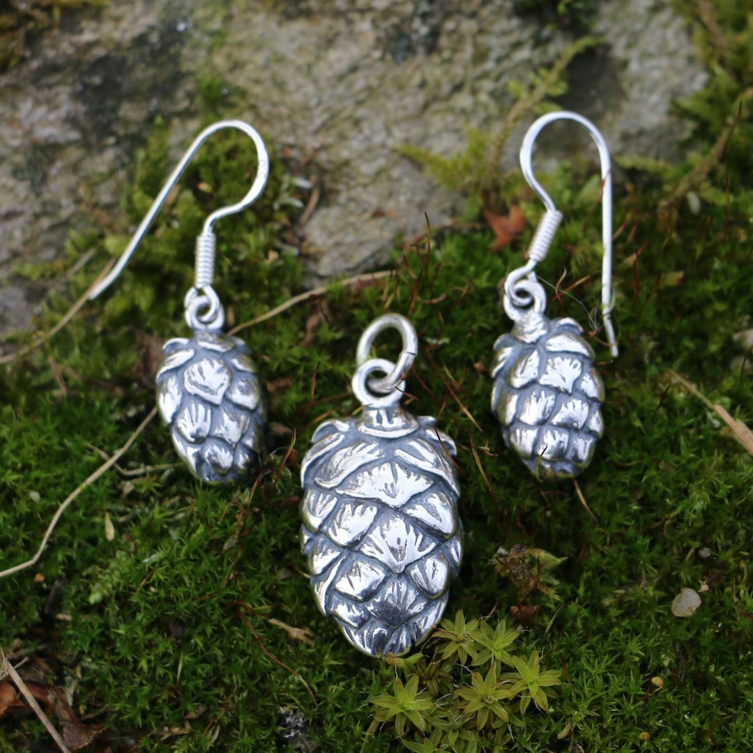 HOPS - Hop Cone Silver Set of Earrings and Pendant Beer Necklace Charm ...