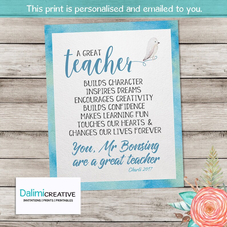 Teacher Appreciation Print - End of Year Teachers Gift - Personalised ...