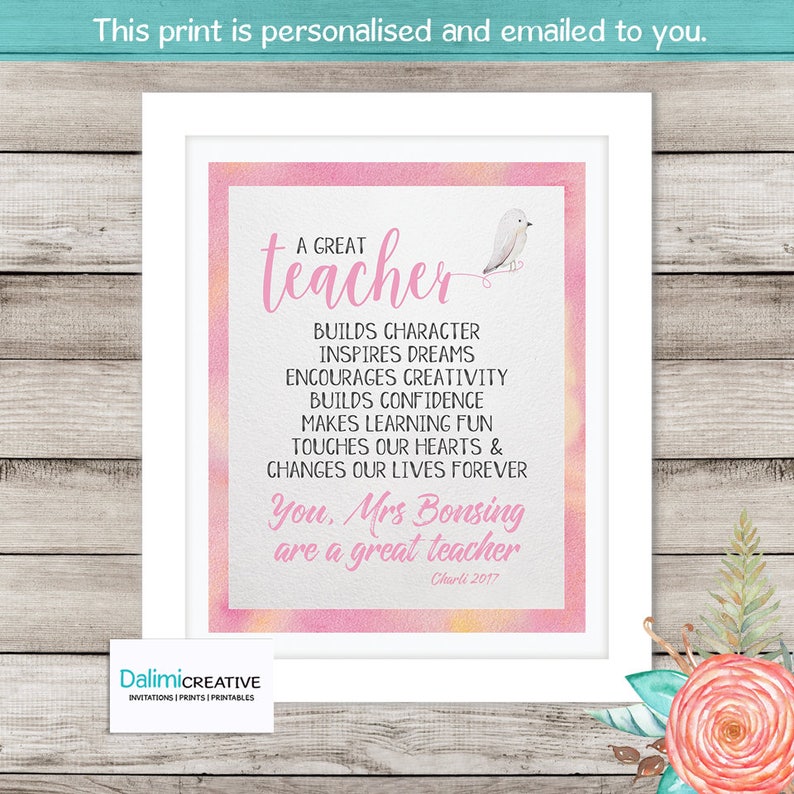 Teacher Appreciation Print - End of Year Teachers Gift - Personalised ...