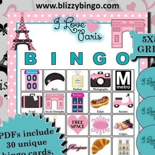 30 I LOVE PARIS 5x5 Bingo Cards Instant Download Pdfs for - Etsy
