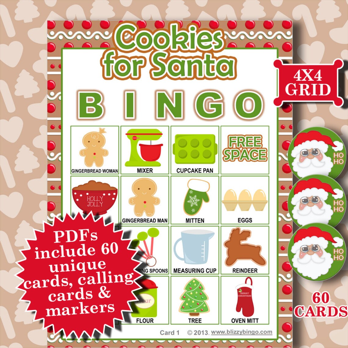 Cookies for Santa 4x4 Bingo 60 Card Printable Pdfs Contain - Etsy