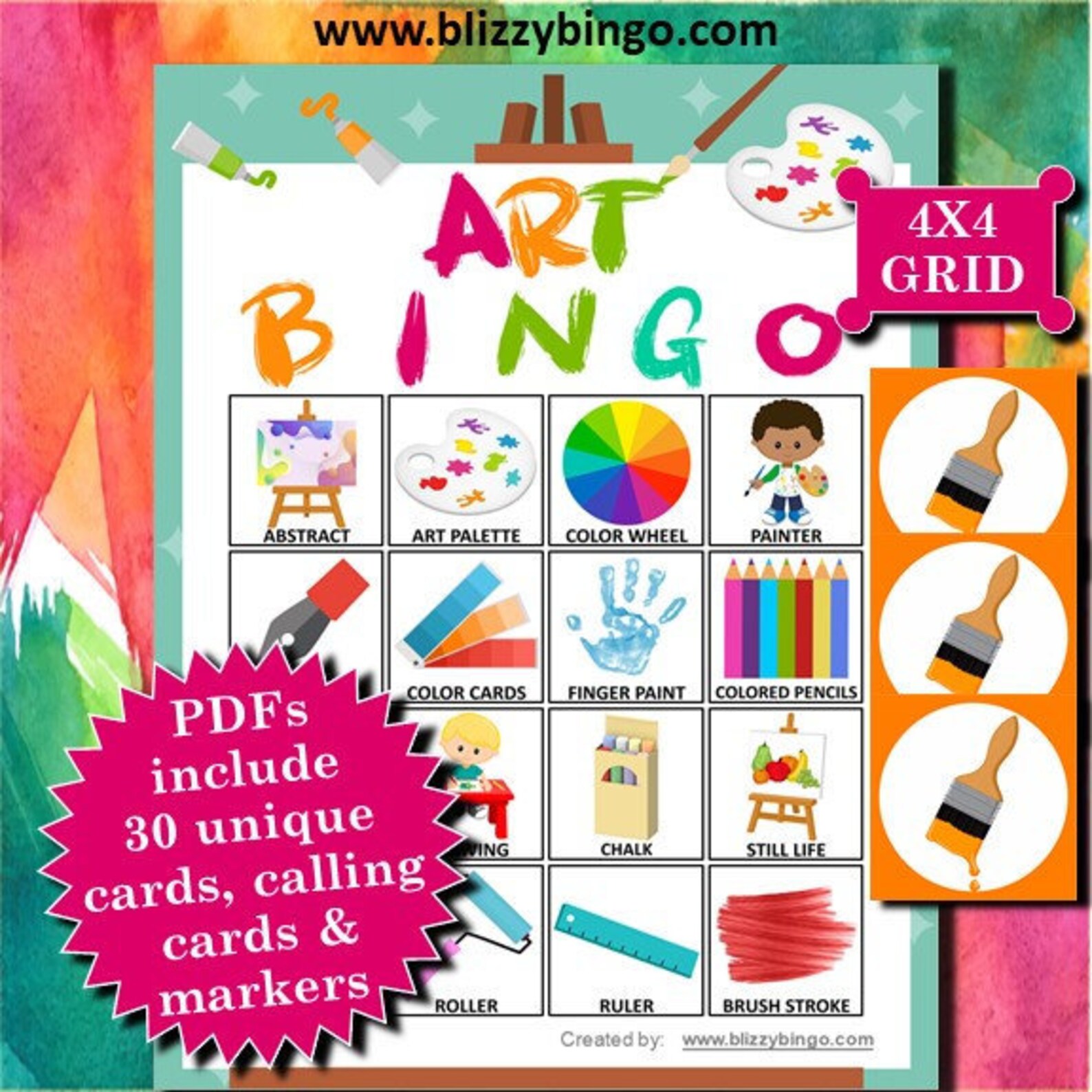 30 Art 4x4 Bingo Cards | Instant Download | Pdfs for Easy Printing ...
