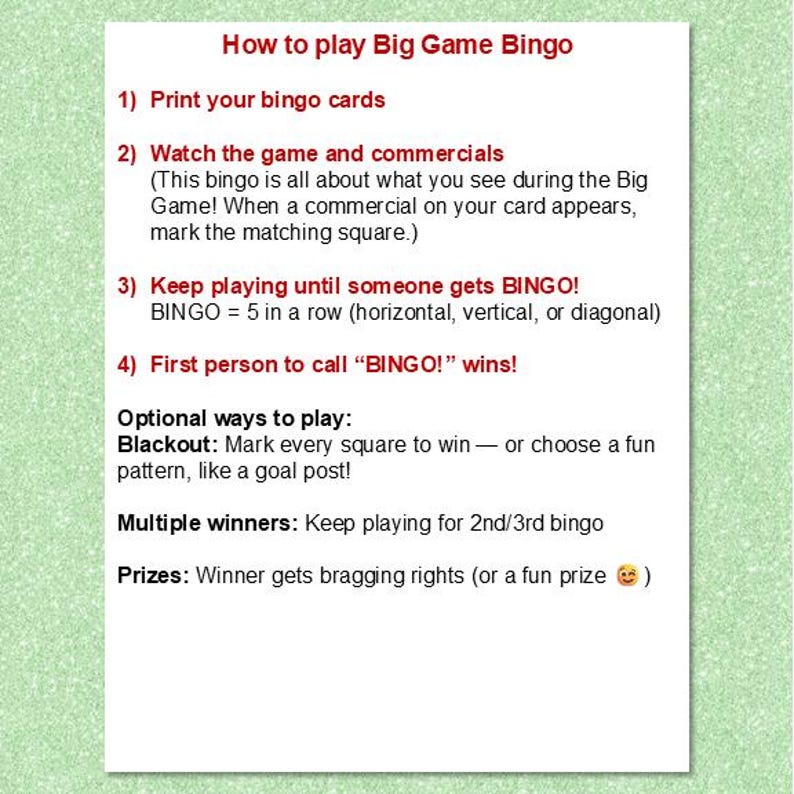 2026 Big Game Commercial Bingo (30 Cards) – Printable Party Game ...
