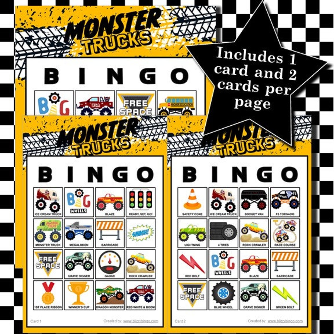 Monster Trucks 4x4 Bingo Printable Pdfs Contain Everything You - Etsy