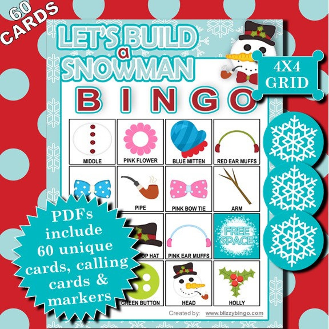 Let's Build a Snowman 4x4 60 Card Bingo Printable Pdfs Contain ...