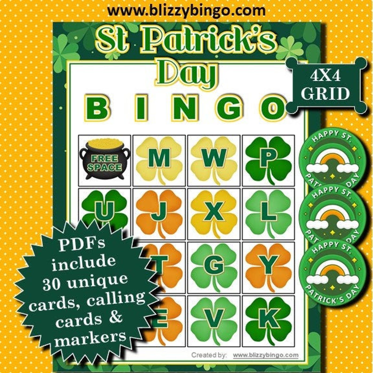 St. Patrick's Day Alphabet 4x4 Bingo Printable Pdfs Contain Everything ...