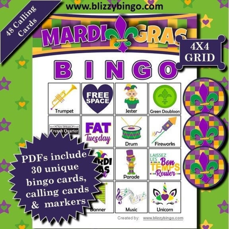 30 Mardi Gras 4x4 Bingo Cards Instant Download Pdfs for - Etsy