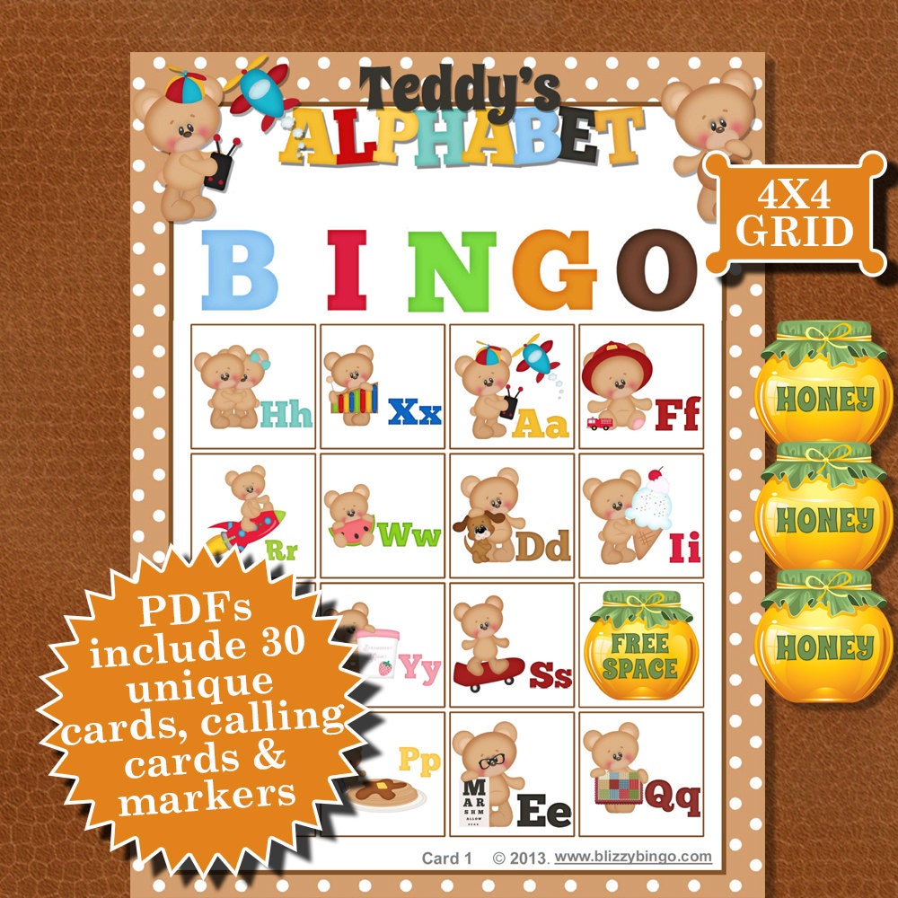 TEDDY'S ALPHABET 4x4 Bingo printable PDFs contain | Etsy