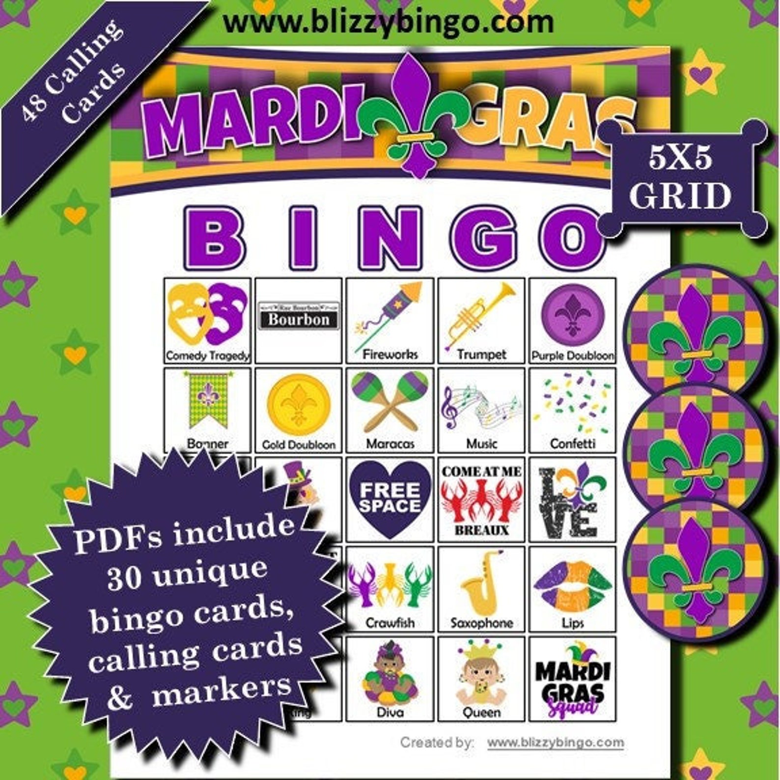 30 Mardi Gras 5x5 Bingo Cards Instant Download Pdfs for - Etsy