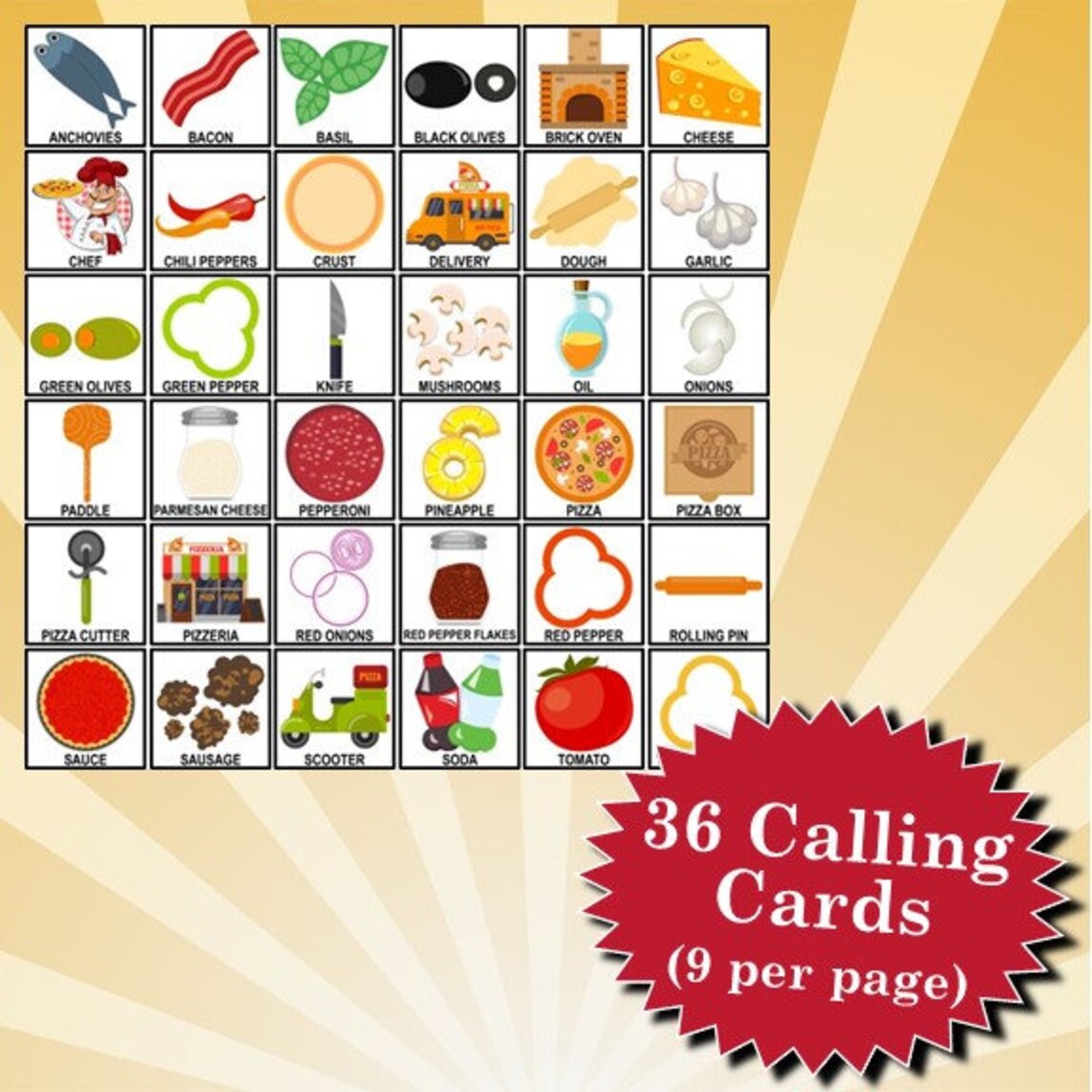 Pizza Party 5x5 Bingo Printable Pdfs Contain Everything You - Etsy