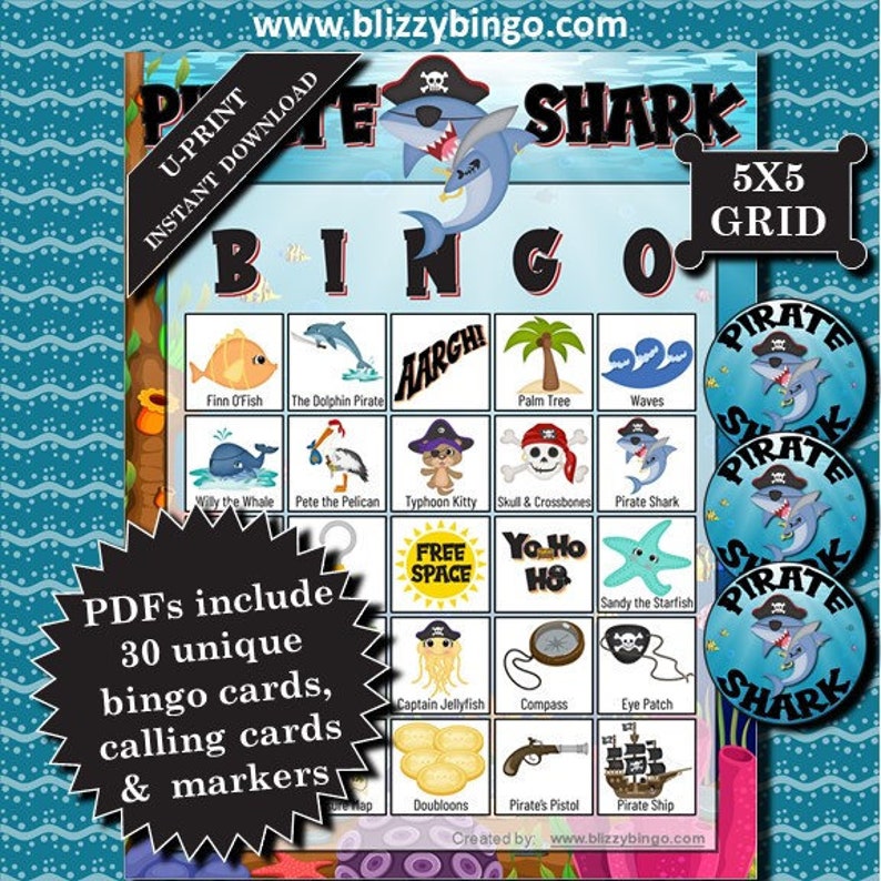 30 Pirate Shark 5x5 Bingo Cards Instant Download | Etsy
